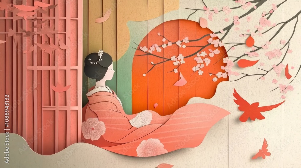 abstract background made from paper cut. paper layer shape are sakura ...