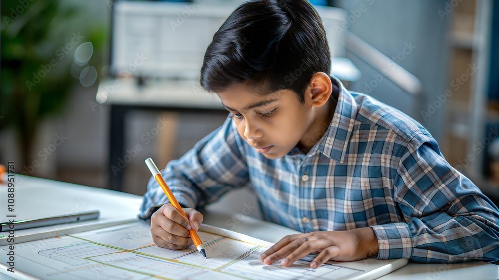 "Indian Kid Architect Drawing Designs" An Indian boy sketching ...