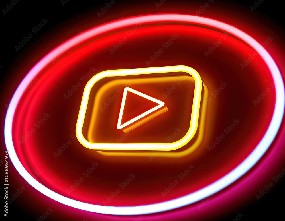 neon youtube play button glowing yellow vibrant design video streaming ...