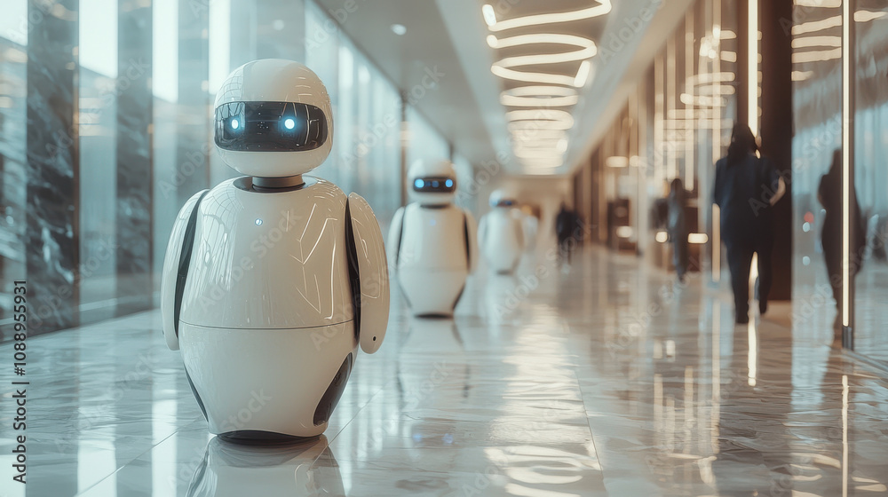 Humanoid robots with AI capabilities interact in modern hallway ...
