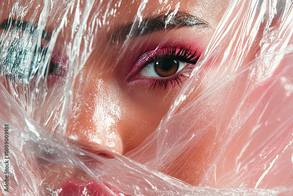 Woman face wrapped in transparent plastic, with dramatic makeup and ...
