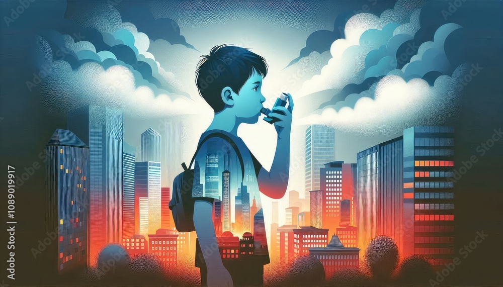 Vibrant vector illustration of child using inhaler in smog-filled ...