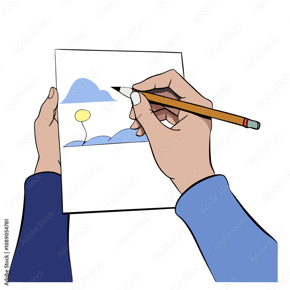 Two hands hold paper while sketching simple landscape with clouds, sun ...