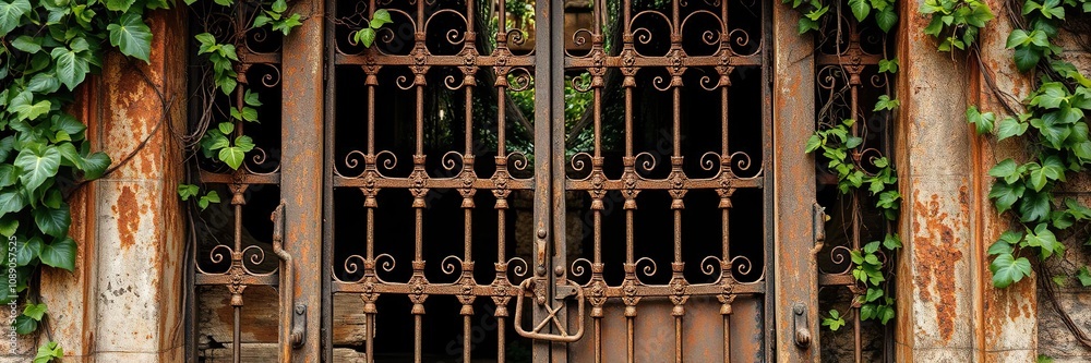 Ancient metal gate with rusted ironwork and vines, metal art ...