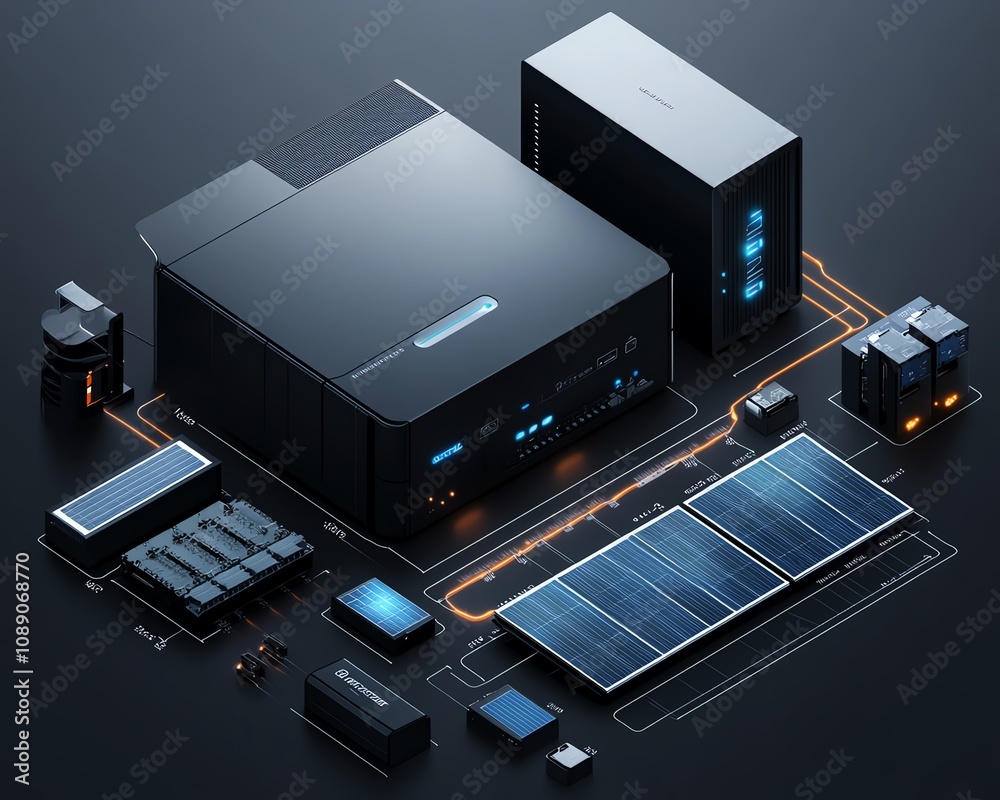 Ongrid inverter system with solar cell components, isometric view ...