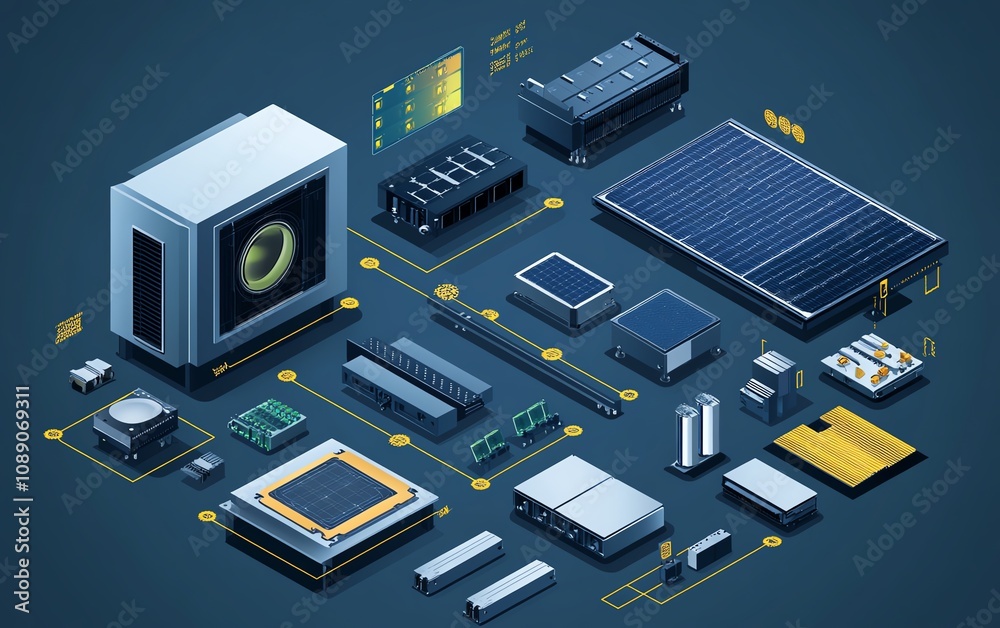 Solar cell equipment component, ongrid inverter system diagram, isometric view, vector ...