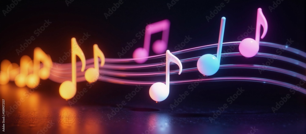 Digital abstract art featuring vibrant neon musical notes and light ...