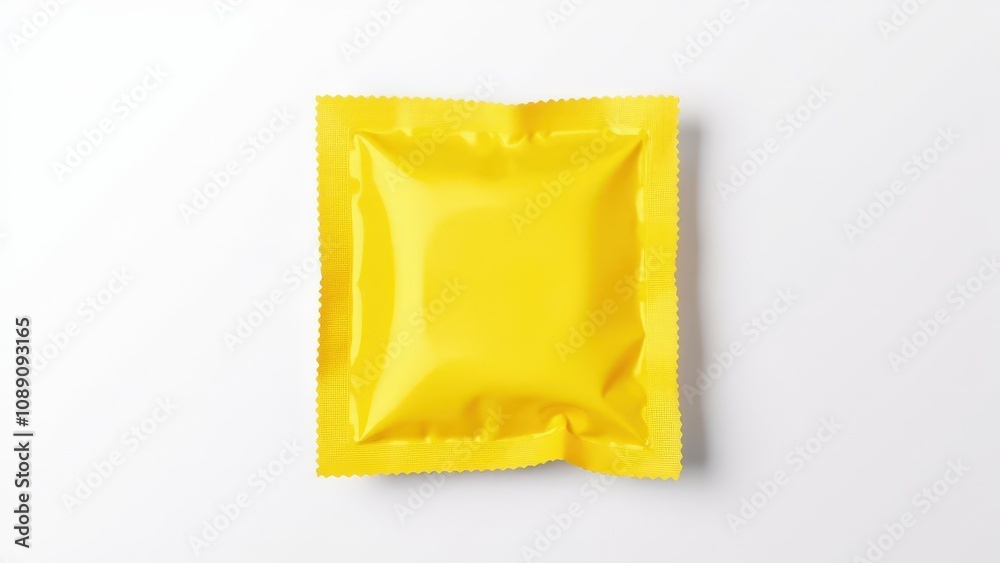 Realistic condom wrapper mockup in yellow foil with a reflective ...