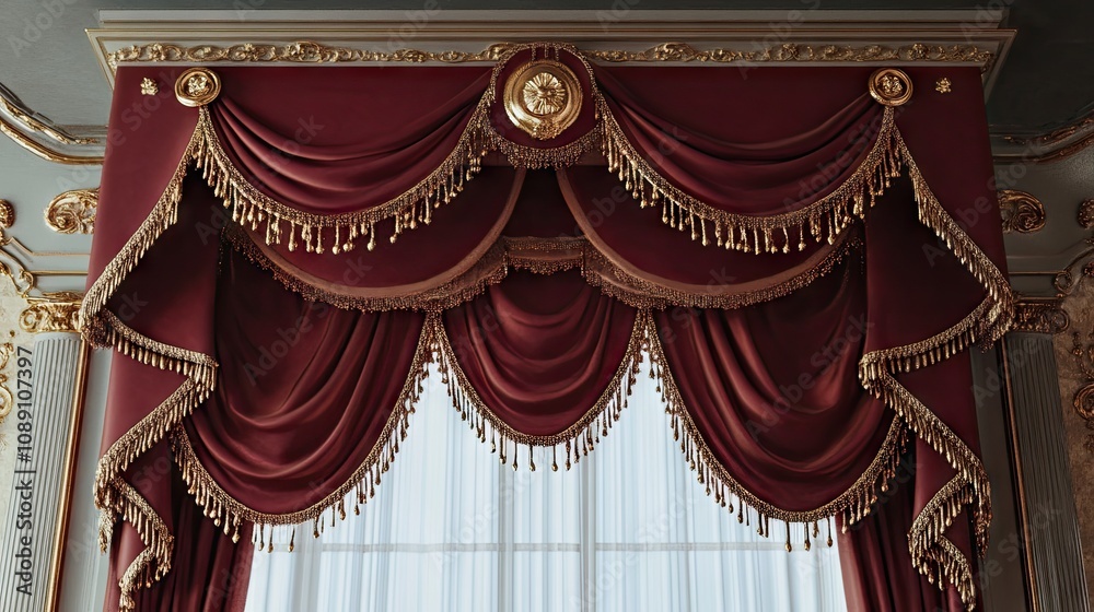 Classic red curtains on a grand stage, with a bright spotlight creating ...