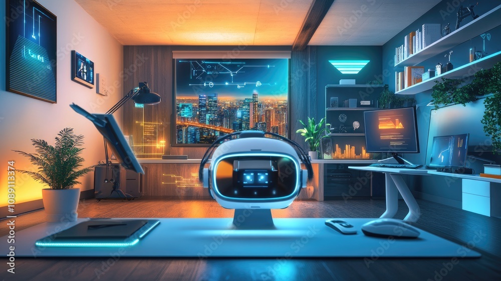 Flat art showing technology integration in modern workspaces, with AR ...