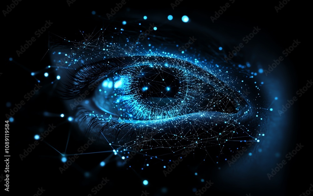 Blue eye through lens of AI network, digital data and connections ...