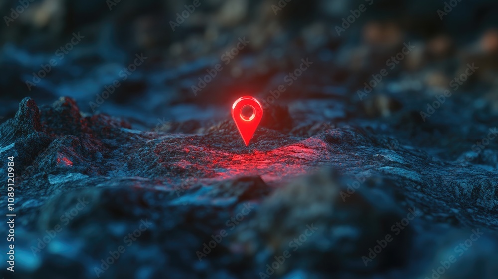 Vibrant red GPS marker stands out on a textured map surface ...