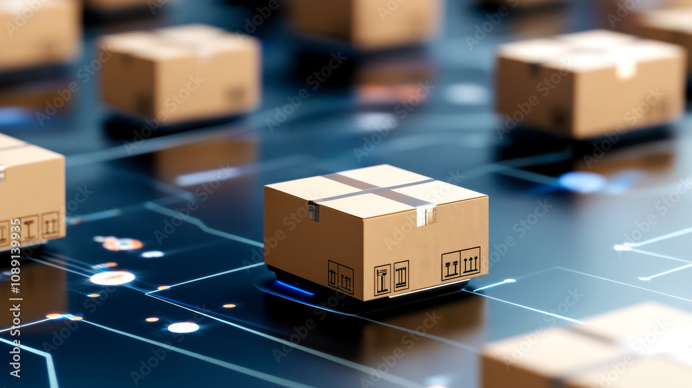 A close-up view of small cardboard boxes arranged on a digital circuit ...