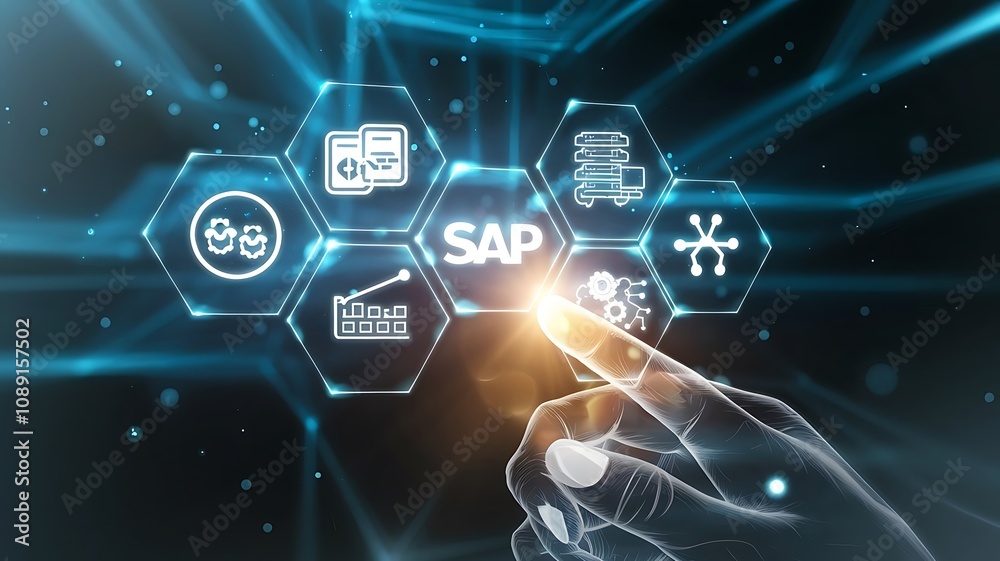 businessman pressing virtual button SAP, cloud computing concept, cloud ...