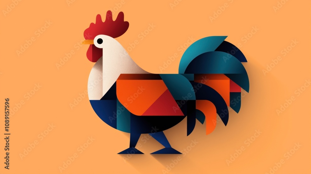 Geometric abstract illustration of a rooster with colorful shapes and ...