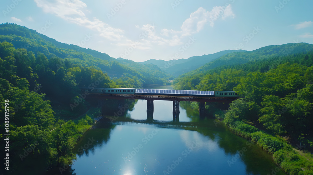 A scenic train passing over a river on a solar-powered bridge ...