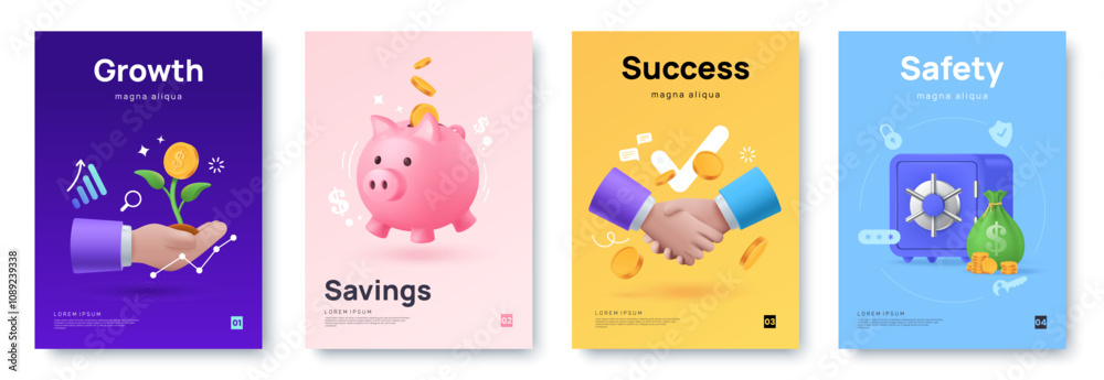 Investments and finance posters with illustrations in 3D style and ...