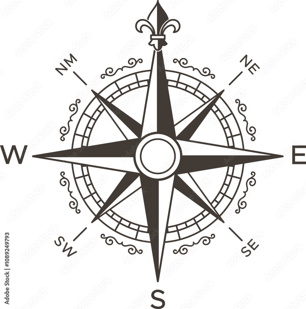 Compass rose with fleur de lis symbol pointing north, showing the four ...
