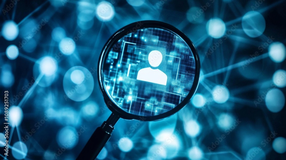 Magnifying glass scan over interconnected blue circles, with a person ...