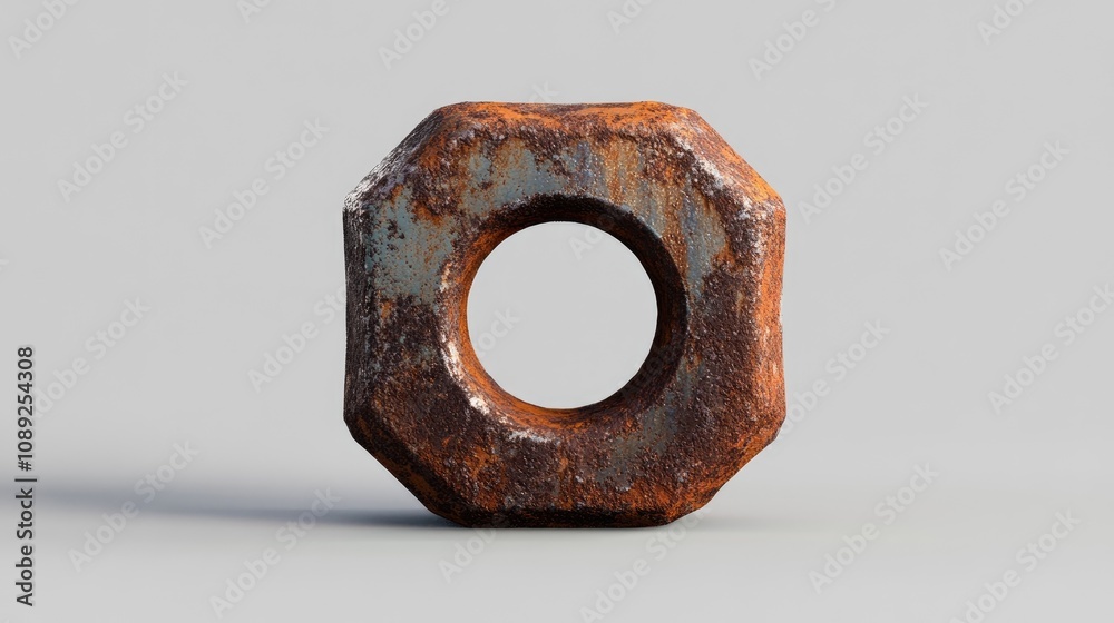 Corroded octagonal bolt with a central hole showcasing extensive rust ...