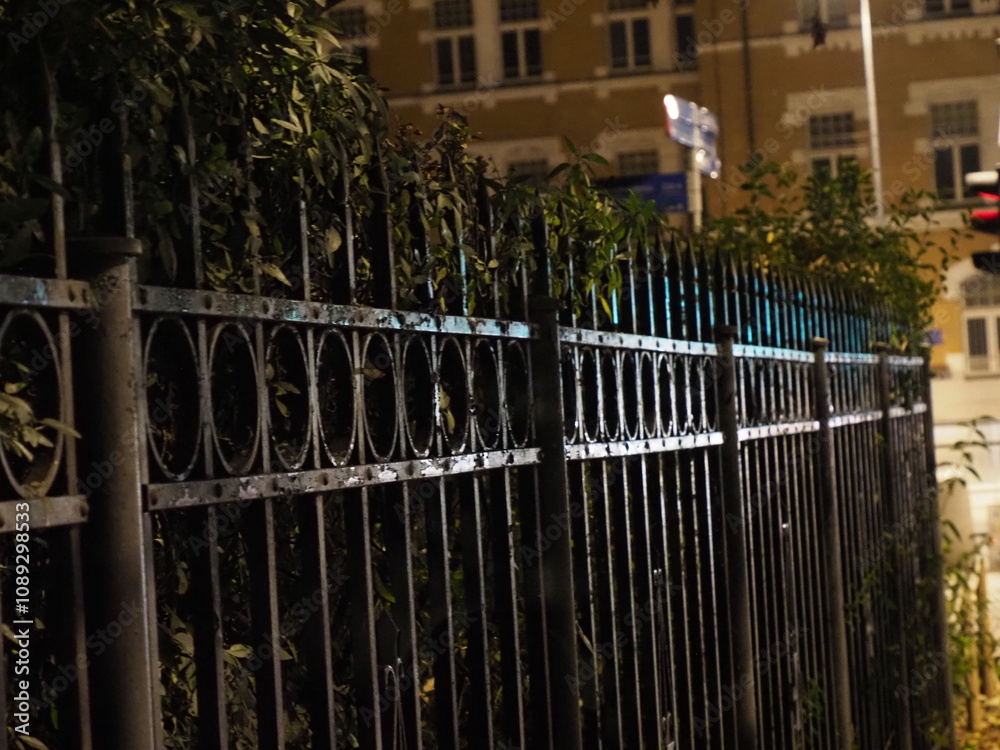 Night view of a metal fence with plants against the backdrop of city ...