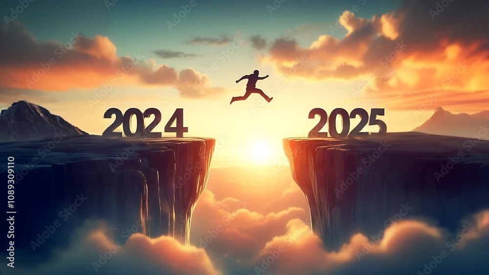 A person is running up from 2024 to 2025 .2025 new year Concept ...