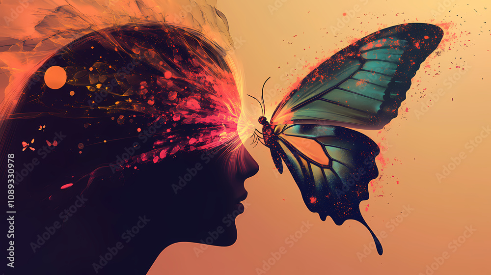 Optical illusion art human head forms butterfly silhouette in profile ...