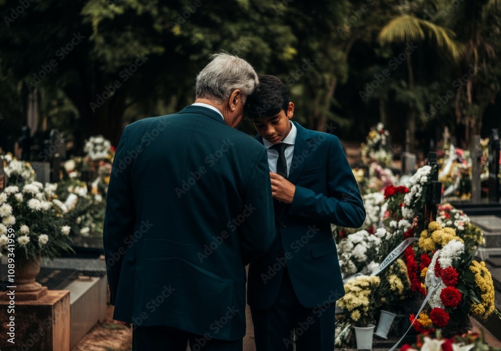 Somber reflection: A Brazilian man and his adult son in suits at a ...