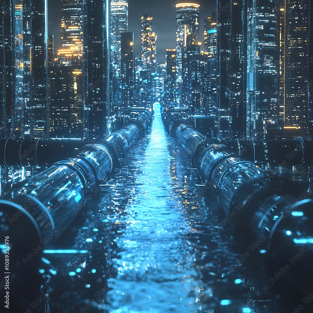 Glowing Futuristic City with Transparent Water Pipes Showcasing ...