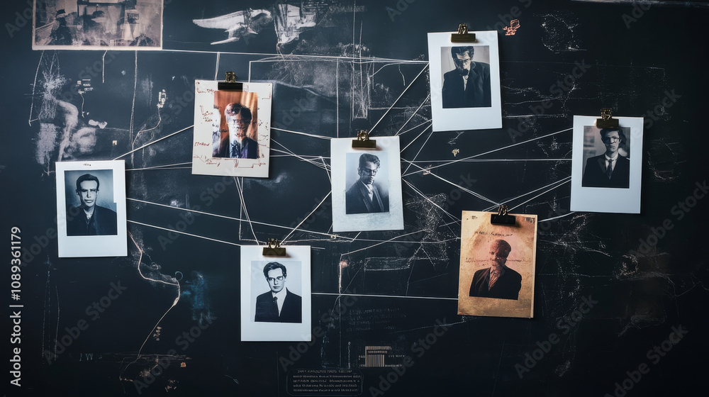 "Crime Scene Clues: Investigation Board with Connected Photos on Elite ...