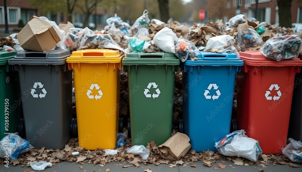Basureros de reciclaje en medio de desechos, destacando la necesidad de ...