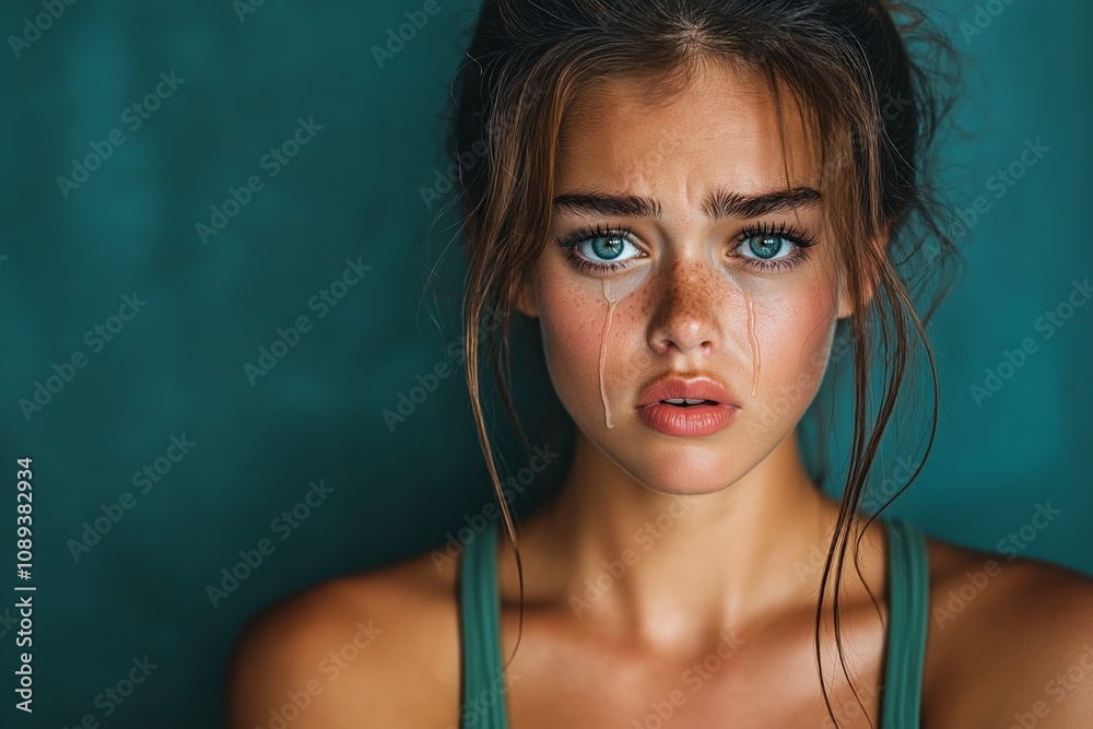 Emotional portrait of young woman with tear-stained cheeks against ...