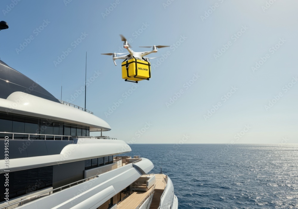 White drone carrying yellow package flying over luxury yacht in the sea ...
