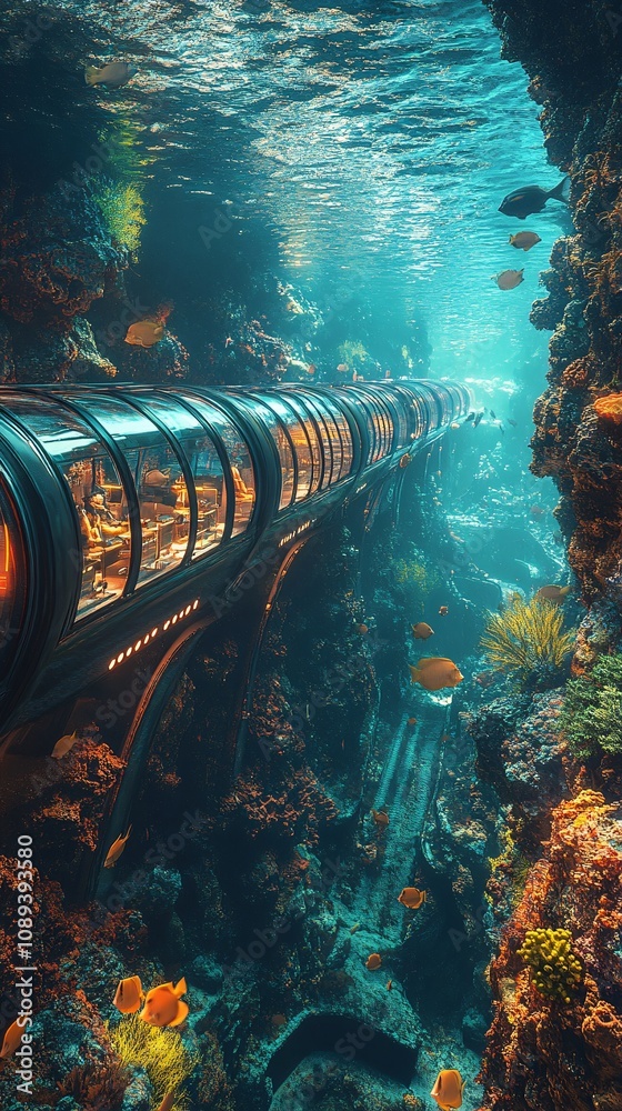 Wide-angle view, underwater, depicting a futuristic underwater rail ...