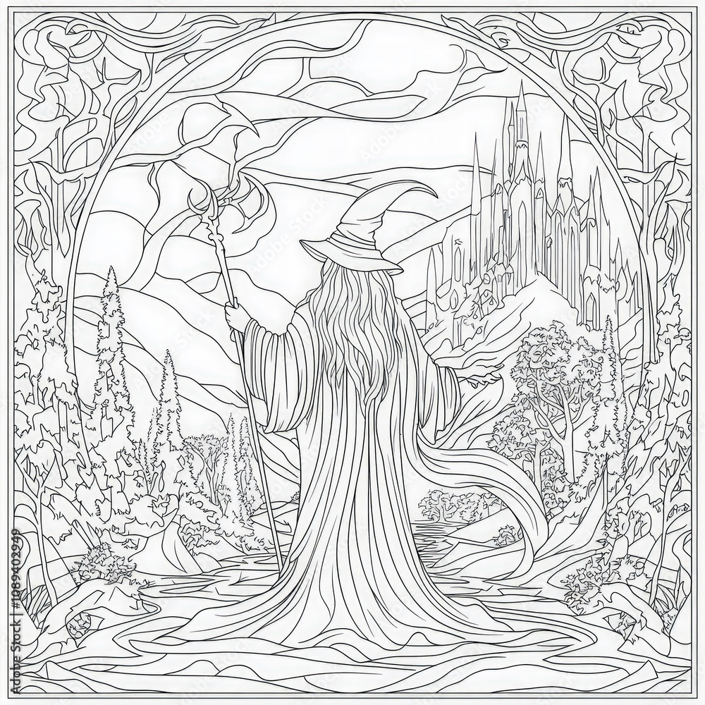 A wizard casting spells in a mystical forest, coloring page for kids ...