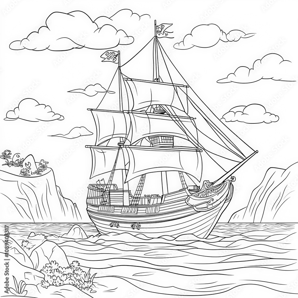 An adventurous pirate ship sailing through stormy seas, anime coloring ...