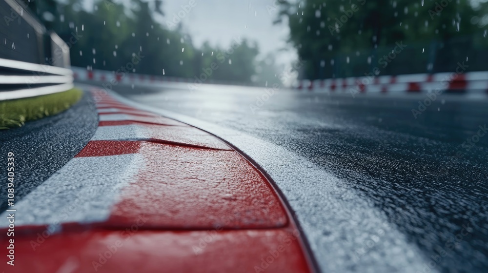 Warning brake zone marked on a wet asphalt racing circuit approaching a ...