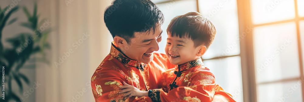 Father and son duo dressed in matching red tang suits, sharing moment ...