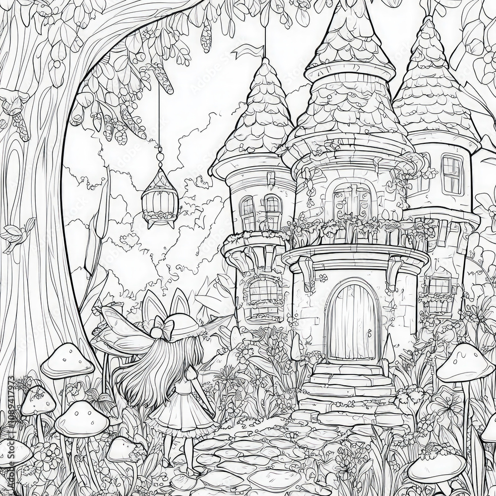 An enchanted garden with fairies and flowers, coloring page for kids ...