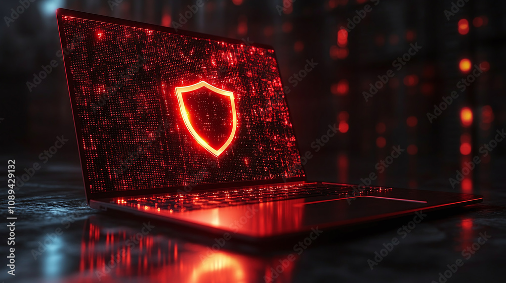 dynamic 3D render of laptop displaying glowing red shield symbol ...
