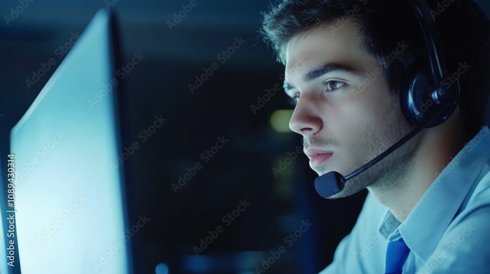 Call center agent engaged in work office space digital communication ...