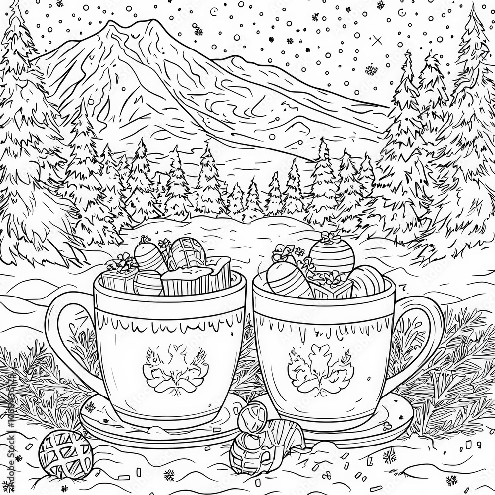 A cozy hot chocolate bar with toppings, coloring page for kids, simple ...