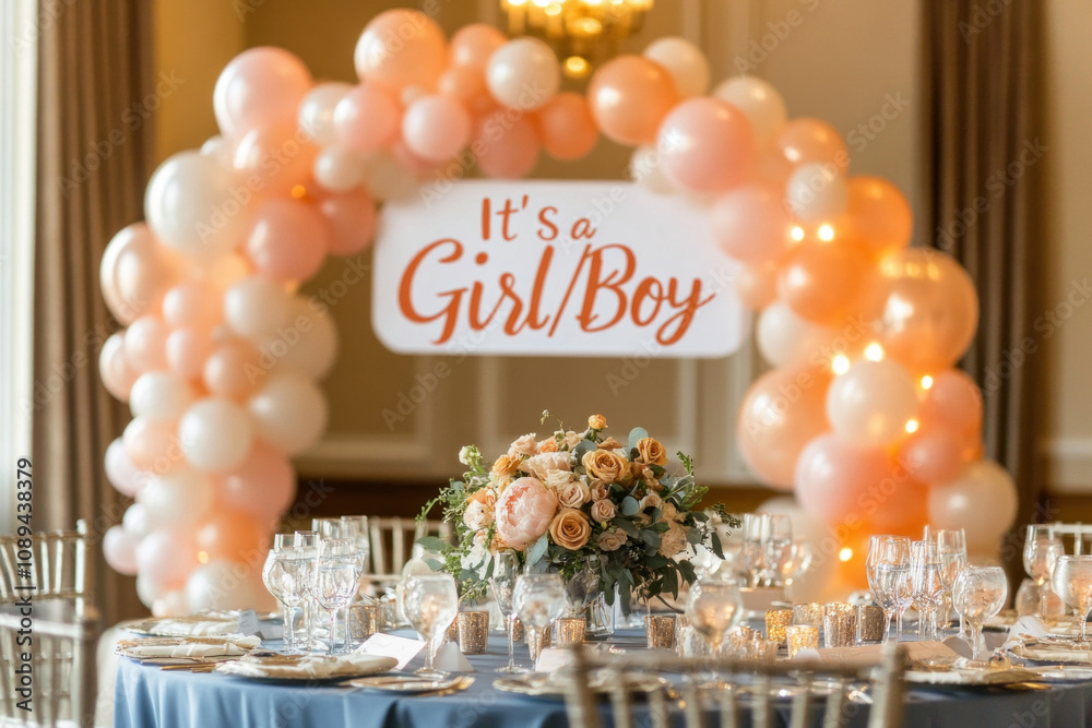 Elegant Indoor Baby Shower Setup With A Large "It's A Girl/Boy" Banner ...