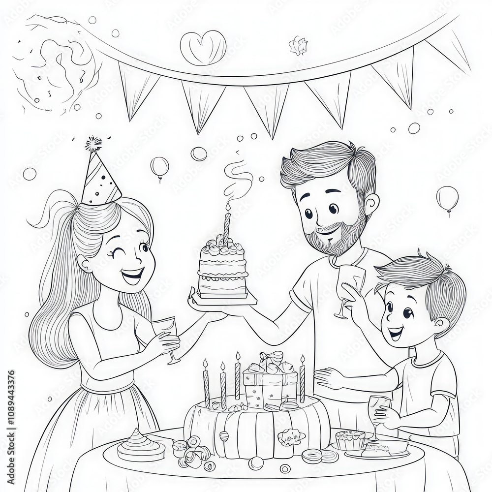 A family celebrating a birthday party, coloring page for kids, simple ...