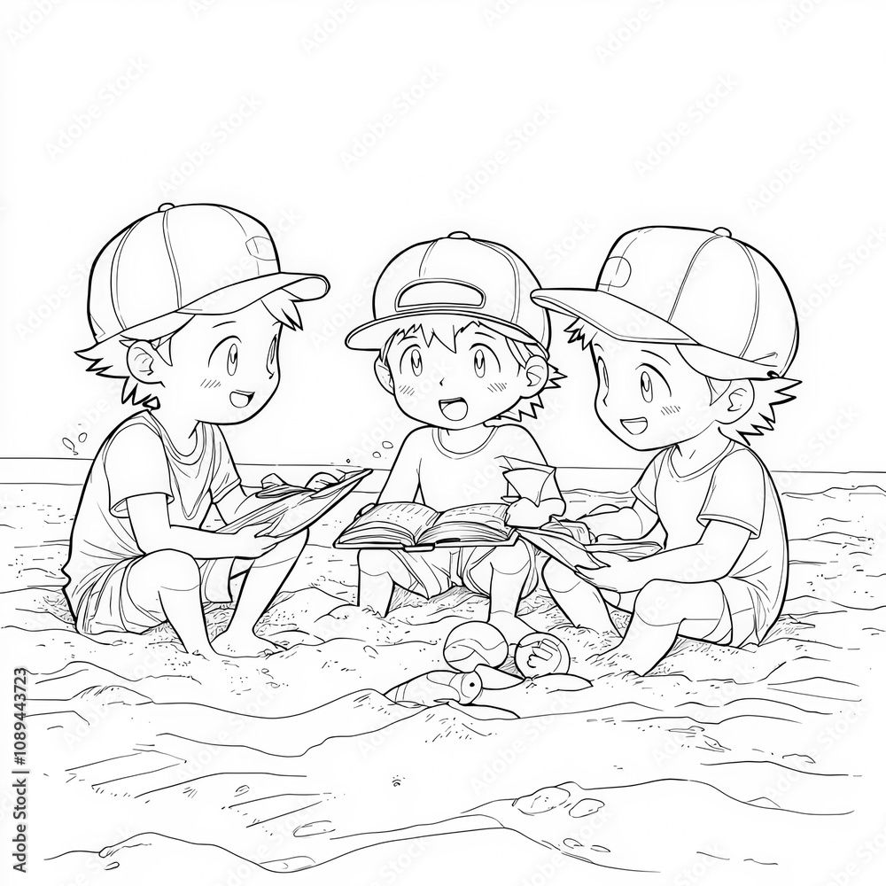 A summer beach day with characters playing in the sand, anime coloring ...