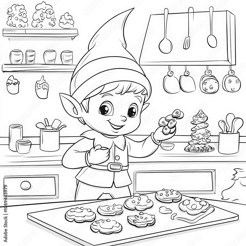 An elf decorating cookies in a colorful kitchen, coloring page for kids ...