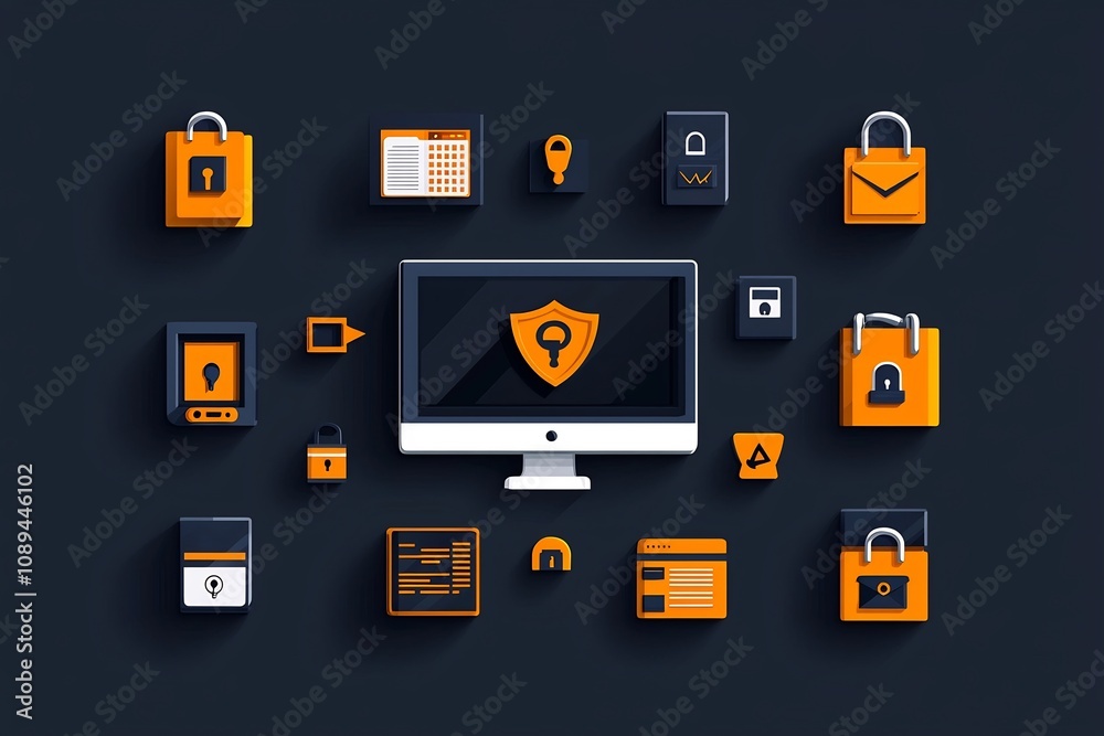 Computer monitor displaying security warnings and icons representing ...