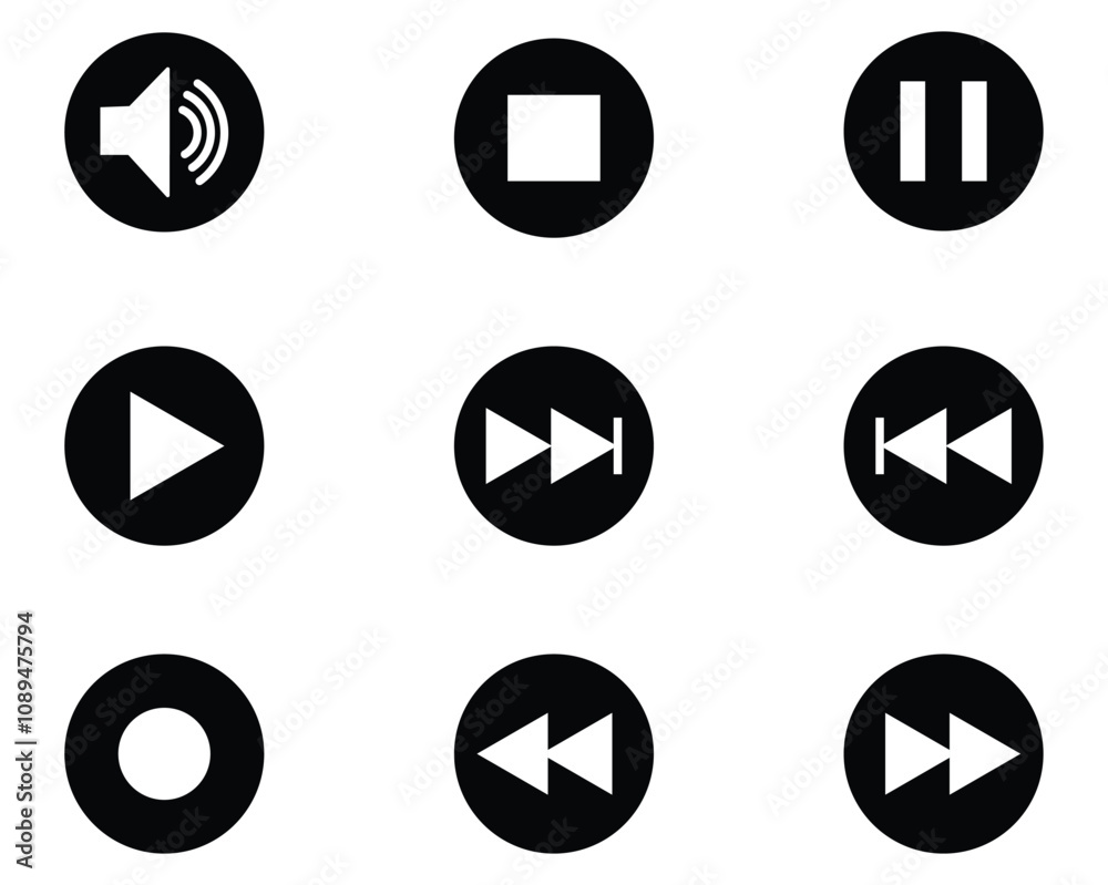 Media player control icon set, interface multimedia symbols and audio ...