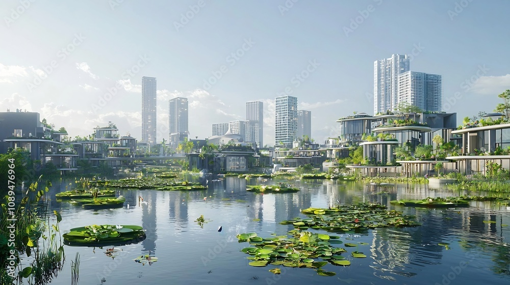 Panoramic view of an elevated city designed to withstand floods ...