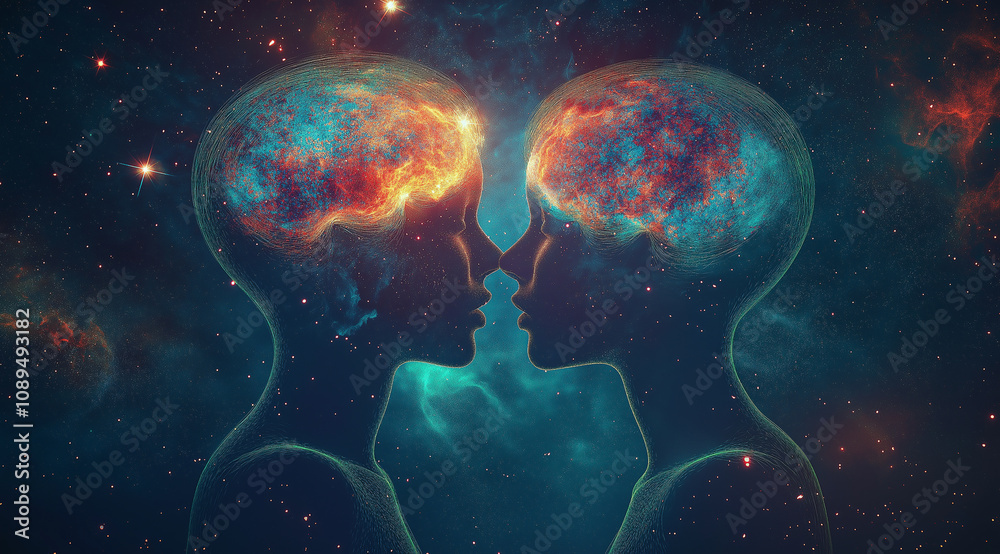 Two heads, one brain made of nebula, cosmic background, glowing stars ...